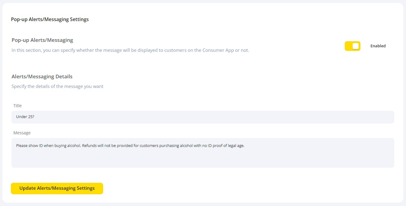 Pop-up Alerts/Messaging Settings